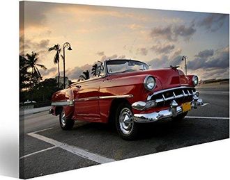 Islandburner Tableau sur toile Vue de la voiture am&eacute;ricaine vintage classique rouge gar&eacute;e dans la rue de la Havane contre le ciel c Tableaux, Image, Poster IUY