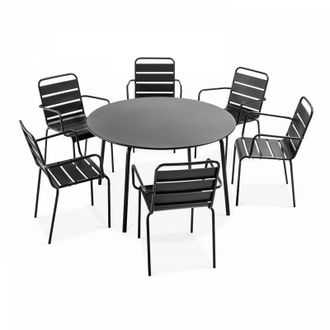 Oviala Oviala - Ensemble table de jardin ronde et 6 fauteuils acier gris - Palavas