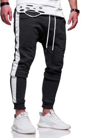 Behype. Herren Lange Trainingshose Jogging-Hose Sport-Hose mit Side-Stripe 60-0351 Dunkelgrau-Wei&szlig; XL