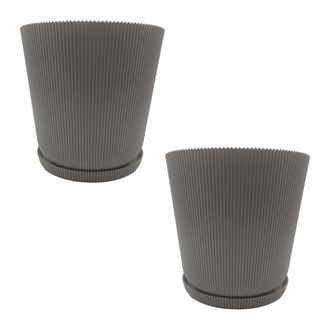 Relaxdays Blumentopf, 2er Set, Pflanztopf mit Untersetzer, Rillen, H x D: 20 x 20 cm, Kr&auml;utertopf, Kunststoff, hellgrau