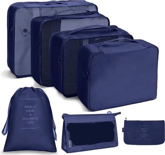 Generic 7-teiliges Reise-Aufbewahrungstaschen-Set, Koffer-Packw&uuml;rfel, Handgep&auml;ck, Kleider- und Schuh-Organizer-Taschen, faltbar(7 Pieces Navy Blue 1)