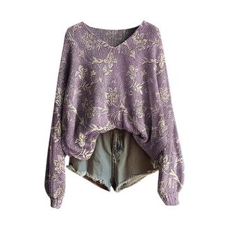 Generic Pull décontracté imprimé pour femme, pull doux rétro grande taille pour femme, pull léger en tricot chaud, col rond, confortable, pour femme, automne 