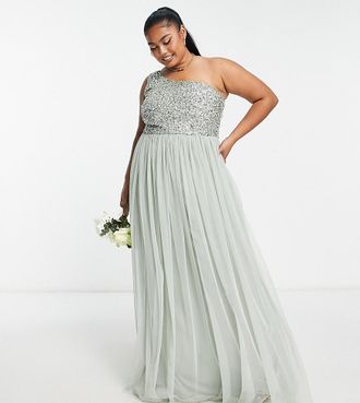 Maya Linvit&eacute;e - Robe longue asym&eacute;trique &agrave; sequins - Vert sauge