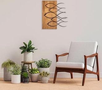 Wallity Elegant Decorative Wooden Wall Accessory, Walnut & Black, 52 x 58 cm | 50% Wood (3 cm) & Metal (1.5 mm) | Unique Texture & Color Variations