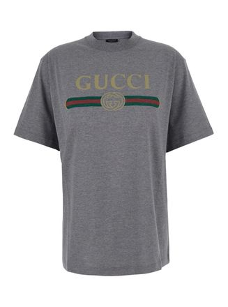 Gucci Logo-Print Crew Neck T-Shirt - Gray