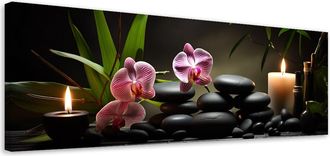 Feeby Bilder Steine Orchidee Kerzen 100x40 cm 1 tlg Schlafzimmer Modern Vlies Leinwandbilder Bild auf Leinwand Kunstdruck Wand Wanddeko Design Wohnzimmer Bü