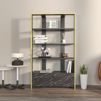 Hanah Home Stylish Black & Marble Bookshelf, 93.6 x 31.5 x 160 cm | 100% Melamine Coated Particle Board, 18 mm Thick | Modern Storage Solution for Home & Office