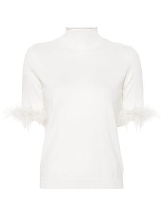 Twin-Set pull à manches courtes ornées de plume - Blanc