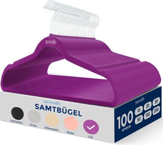 SereneLife Samt-Kleiderbügel - 100er Set Bügel in Lila - rutschfest & Platzsparend mit 360° drehbarem Haken und Einkerbungen - Ideal für Blusen, Anzüge & Kleider