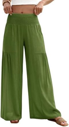 Heekpek Pantalon Lin Femme &Eacute;t&eacute; Fluide Chic Leger Pantalon Large Taille Elastique Pantalons Plage avec Poche, Vert, M