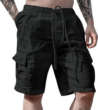 Generic Short dentra&icirc;nement d&eacute;contract&eacute; et tendance en coton et lin de couleur unie pour homme, coupe droite, Noir, XXL