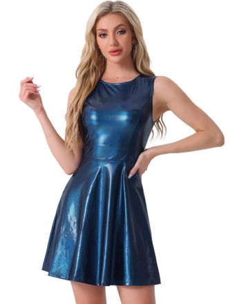 Allegra K Damen &Auml;rmellos Partykleid Glitzer Rundhals A-Linie Holografisch Metallic Kleid Dunkelblau M