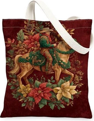 Generic Sacs fourre-tout en toile &agrave; motif floral de No&euml;l, sacs d&eacute;picerie r&eacute;utilisables, rustiques, l&eacute;gers, lavables, Rouge, 13x15 Inch