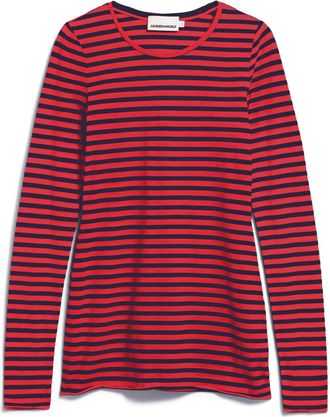 Armedangels Damen Longsleeve aus Bio-Baumwolle EINIAARA Stripes Slim Fit Tinted Navy-Candy Apple