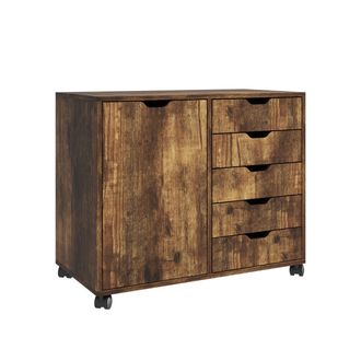 Relaxdays Rollcontainer, 5 Schubladen & 2 F&auml;cher, HBT: 65x78x40 cm, B&uuml;roschrank, Aktenschrank mit Rollen, B&uuml;ro, braun