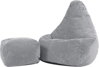 Icon Brand Dalton Sitzsack Kinder mit Hocker, Grau, Flauschiger Cord Stoff, Sitzsack Cord mit F&uuml;llung, Bequemer Kinder Gaming Sessel, Kuschelsessel, Lese Sessel,