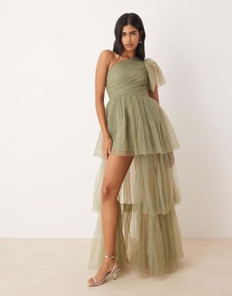 Lace & Beads Robe longue et asymétrique en tulle avec volants étagés - Olive doux-Vert