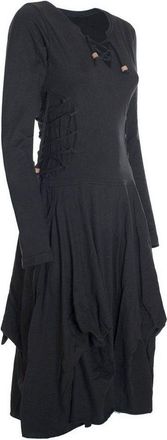 vishes Midikleid Langes Langarm Bio Ballonkleid einfarbig mit Schnürung V-Ausschnitt Hippie, Elfen, Festag, Style