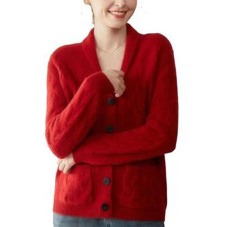 Generic Cardigan ouvert en cachemire pour femme - Tricot torsad&eacute; - &Eacute;pais et chaud - Col en V - Manches longues, Carmin, XS