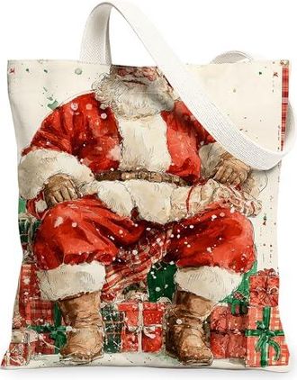 Generic Sacs fourre-tout vintage en toile avec motif de P&egrave;re No&euml;l, sacs d&eacute;picerie r&eacute;utilisables, l&eacute;gers et lavables avec bandouli&egrave;re pour les vacances, le sho