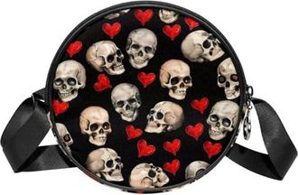 Generic Petit sac &agrave; bandouli&egrave;re circulaire pour femme, motif cr&acirc;nes, fleurs, petit sac &agrave; bandouli&egrave;re avec fermeture &eacute;clair, bretelles r&eacute;glables, sac &agrave; main ro