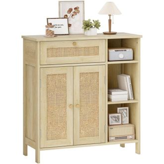 HOMCOM Buffet - HOMCOM - 2 portes en rotin, tiroir, niches, étagères réglables - panneau de particules et MDF - 75x30x79,5cm - bois naturel