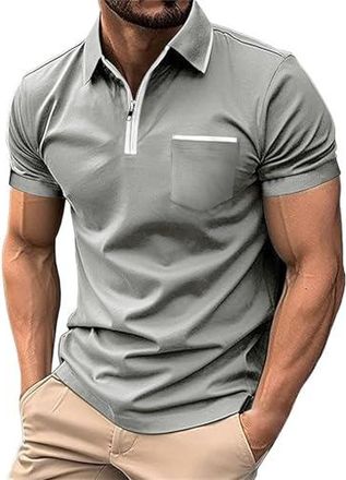 Generic T-shirt surdimensionn&eacute; pour homme avec col, fermeture &eacute;clair et motif &agrave; rayures, haut daffaires pour homme, polo bleu pour homme, t-shirt de sport pou