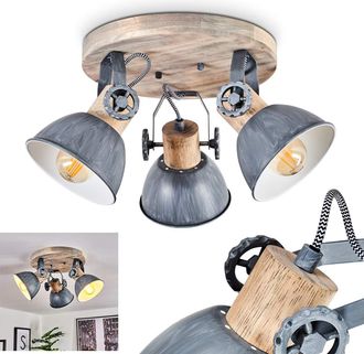 HOFSTEIN Deckenleuchte Orny, 3-flammiger Deckenstrahler aus Holz und Metall in grau-blau, Industrial/Vintage Look Zimmerlampe, Rondell mit 3 x E27, die Leuchte