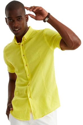 LEIF NELSON Leinenhemd Herren Sommer Kurzarm Gelb/Leinen Hemd für Freizeit und Business/Gemischt aus Leinen und Baumwolle/Regular Fit Größe XXL