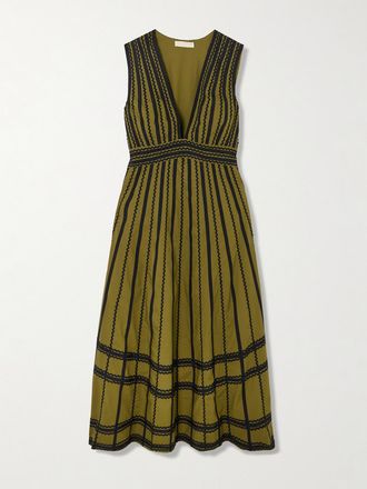 Ulla Johnson Robe Midi En Popeline De Coton &Agrave; Finitions En Croquet Et En Gros-grain Palermo - Vert