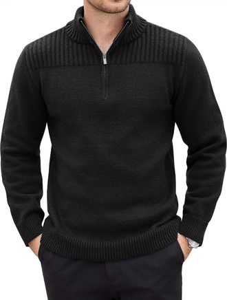 Coofandy Herren Zip Pullover Langarm Strick Rollkragenpullover mit Viertel Reißverschluss Winter Arbeitspullover Basic Freizeit Sweater Warm Pulli Schwarz S