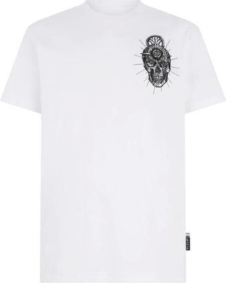 Philipp Plein Homme, Tops, Blanc, Taille: 2XL T-Shirt Col Rond Broderie T&ecirc;te de Mort Poitrine