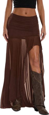 SOLY HUX Festival Outfit Damen Y2k Mesh Rock Durchsichtig Tanzrock Party Maxirock mit Schlitz Karneval Rave Outfit Clubwear Kaffeebraun S