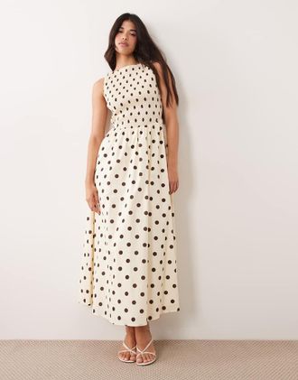 KAIIA Exclusive - Maxikleid aus Baumwolle in Zitronengelb mit braunen Polka Dots, U-Boot-Ausschnitt und gesmoktem Oberteil-Bunt