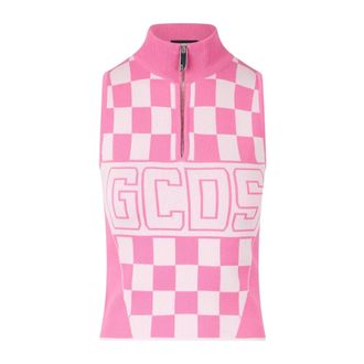 GCDS Gcds - Top &agrave; demi-zip &agrave; carreaux et logo de bande - Femme - Tops - Rose - Taille: 44 FR