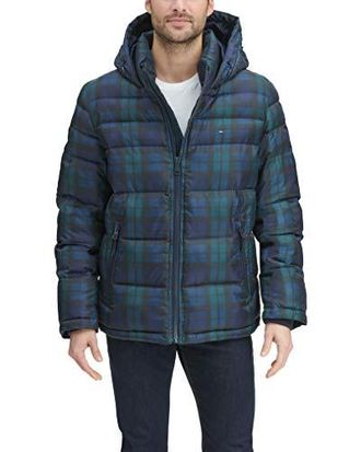 Tommy Hilfiger Hooded Puffer Jacket (Standard and Big & Tall) Manteau Alternatif Long, Black Watch Plaid, M Homme