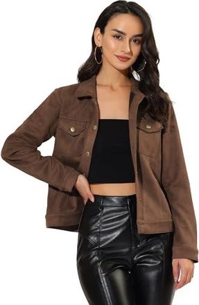 Allegra K Veste femme en simili daim avec col rabattu et poches à rabat Café 3XL