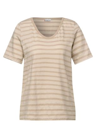 Street One Damen A317789 Streifenshirt T-Shirt, Light Safari Sand Melange, 34
