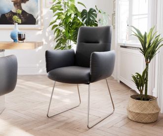 DELIFE Esszimmerstuhl Jova-Flex mit Armlehnen Echt-Leder Schwarz Kufengestell Edelstahl Taschenfederkern, Esszimmerstühle