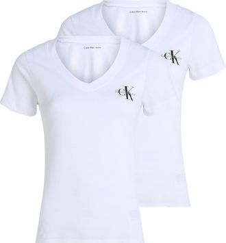 Calvin Klein Damen 2er Pack T-Shirts Kurzarm Monologo V-Ausschnitt, Weiß (Brilliant White/Brilliant White), XXS