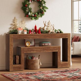 Tribesigns 160 cm rustikaler Konsoletisch mit 2-stufigem Regal, schmaler Sofatisch im Landhausstil f&uuml;r den Eingangsbereich, Flur, Wohnzimmer oder hinter dem Sofa