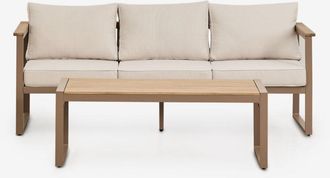 Sklum Lipov Gartenset mit 3-Sitzer-Sofa und Couchtisch aus Aluminium und Akazienholz 110x55cm Moka Braun - Sklum