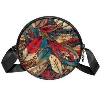 Generic Sac &agrave; bandouli&egrave;re rond rond pour femme, motif plumes color&eacute;es, avec fermeture &eacute;clair, bretelles r&eacute;glables, style d&eacute;contract&eacute;