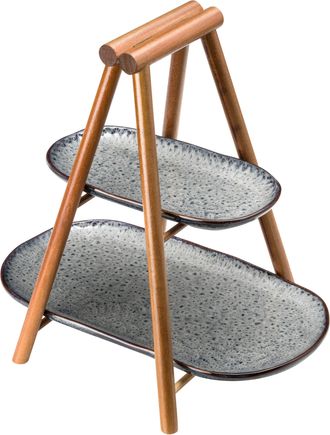 Leonardo Matera Etagere - Kleine Etagere 2 stöckig aus Keramik und Holz - Eckiger Teller zum Anrichten von Apero, Snacks, Käse etc. - 33,6x8,2x24,5 cm (BxHxT) 