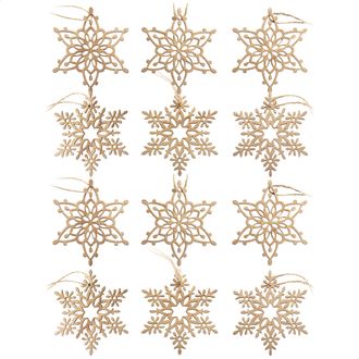 Com-Four 12x Tannenbaumschmuck Holz-Anhänger Set - Weihnachtsbaumschmuck zum Dekorieren - Christbaumschmuck im Schneeflocken-Design