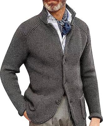 Generic Cardigan pour homme, col montant, manteau en laine &eacute;paisse &agrave; aiguille &eacute;paisse, pull de costume de couleur unie, pull boutonn&eacute; manteau chaud dext&eacute;rieur