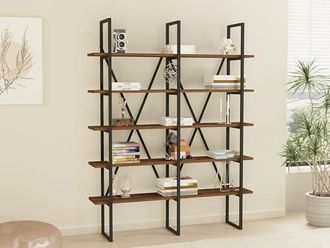 Hanah Home Modern Industrial Bookshelf, Walnut & Black, 126 x 160 x 26 cm | 100% Melamine Coated Particle Board, 18 mm Thick, Metal Frame | Wall-Mountable, Styli
