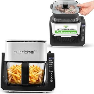 Nutrichef NutriChef 4L Airfryer & Elektrogrill - 7-in-1 Glas Hei&szlig;luftfritteuse + 1.2L Grill Frittieren, Grillen, Backen ohne &Ouml;l | Tischgrill elektrisch | Transp