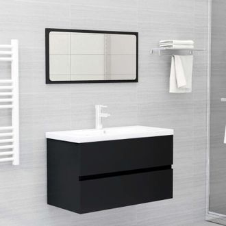 vidaXL Vidaxl - Ensemble de meubles de salle de bain noir en agglom&eacute;r&eacute; - Armoire d&eacute;vier 80x38,5x45 cm - Lavabo c&eacute;ramique avec trop-plein - Miroir noir