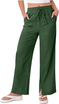 Generic Palazzo Pantalon d&eacute;t&eacute; long en lin pour femme - Taille haute - Pantalon de loisirs - Pantalon en coton et lin - &Eacute;l&eacute;gant - Pantalon d&eacute;t&eacute; l&eacute;ger et a&eacute;r&eacute; -